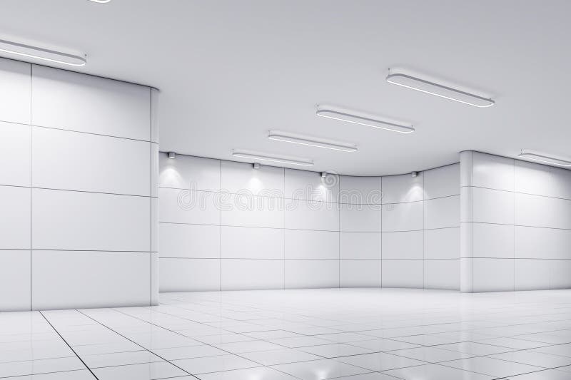 Modern White Exhibition Hall with Bright Spotlights and Curved Walls ...