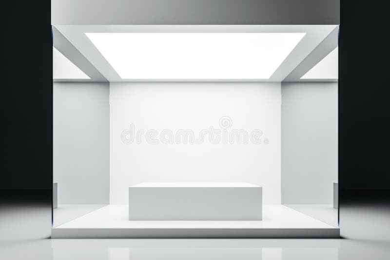 Modern White Exhibition Stand with Illuminated Ceiling, Empty Podium in ...