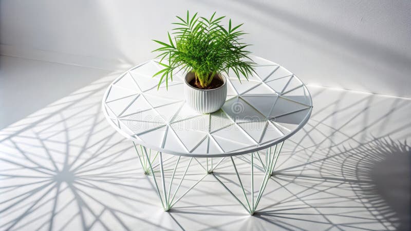 Modern White Geometric Coffee Table with Potted Plant in Sunlight ...