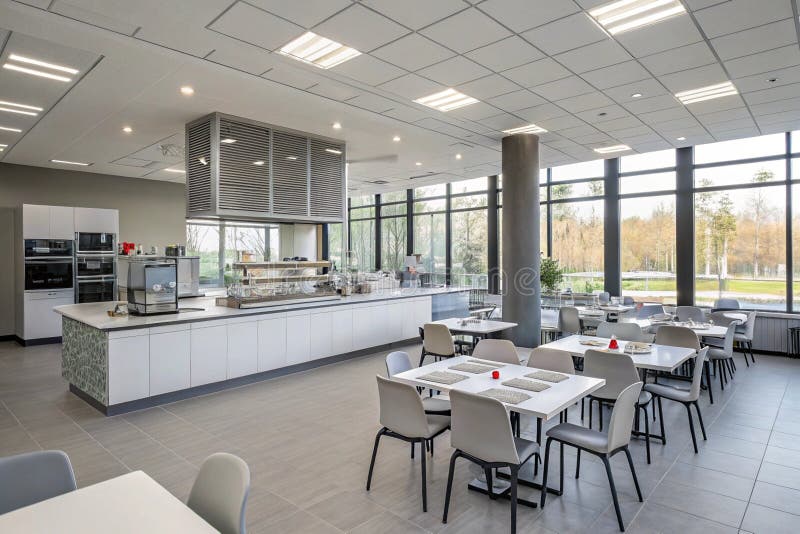White and Grey Modern Dining Hall with Kitchen Stock Illustration ...