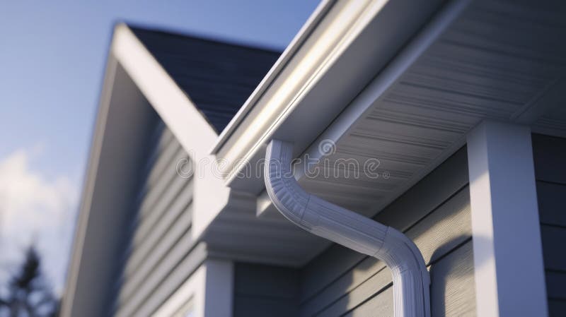 Modern White Gutter on Blue Wood Siding House with Clear Sky Background ...