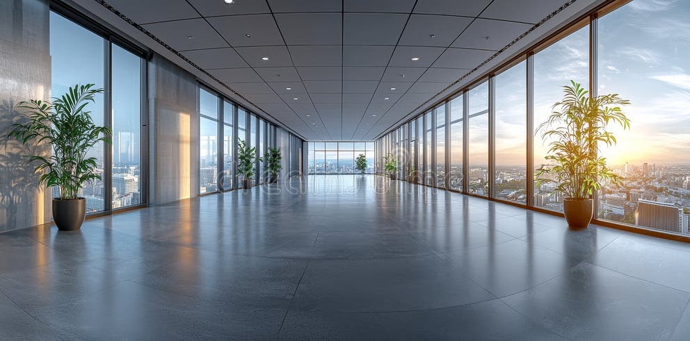 A Modern White Hall with Columns, Doors, and Panoramic Windows Captured ...