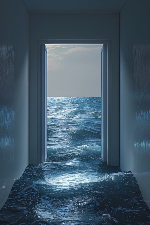 Modern White Hall with Opened Door Flooded with Water Stock ...