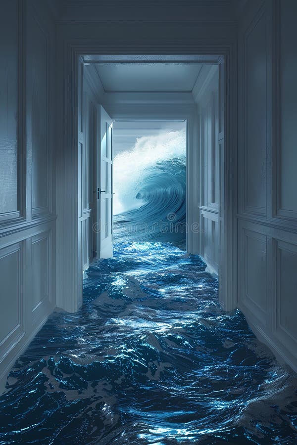 Modern White Hall with Opened Door Flooded with Water Stock ...