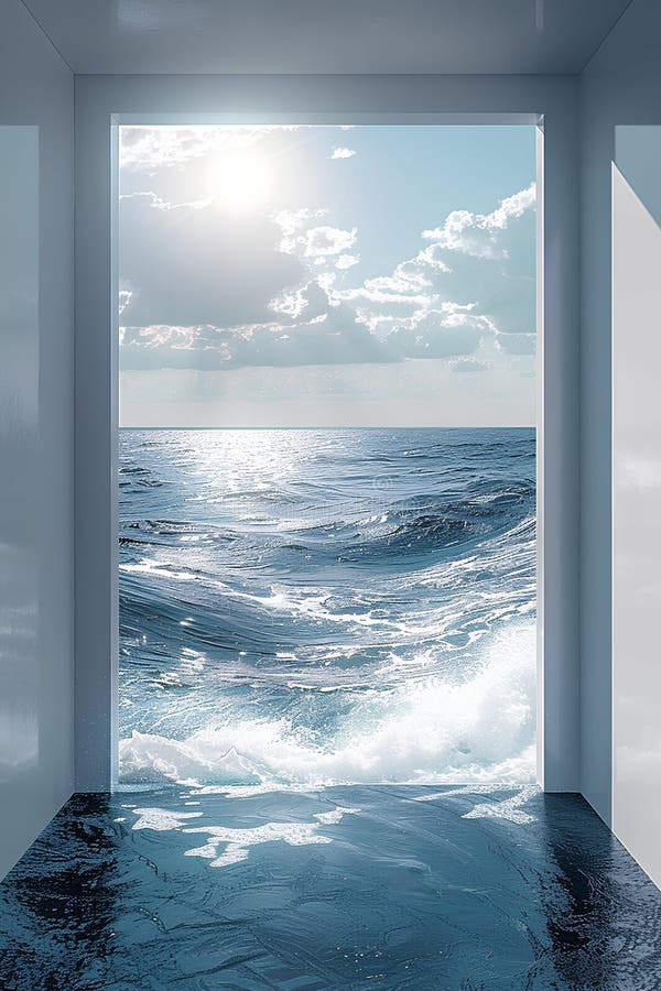 Modern White Hall with Opened Door Flooded with Water Stock ...