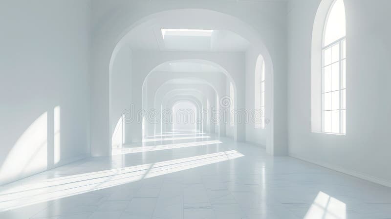 Bright White Hallway with Arched Windows and Sunlight Stock Photo ...