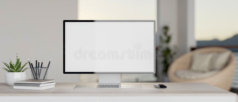 A Modern White Home Office Features a White-screen PC Computer Mockup ...