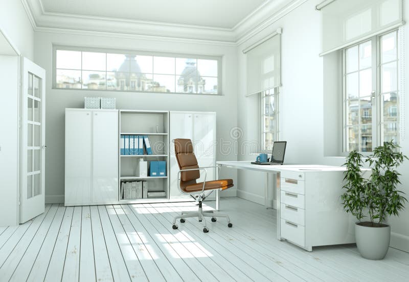 Modern White Home Office Interior Design 3d Rendering Stock ...