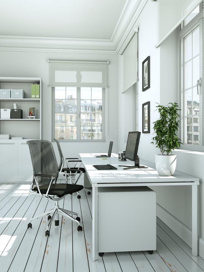 Modern White Home Office Interior Design 3d Rendering Stock ...