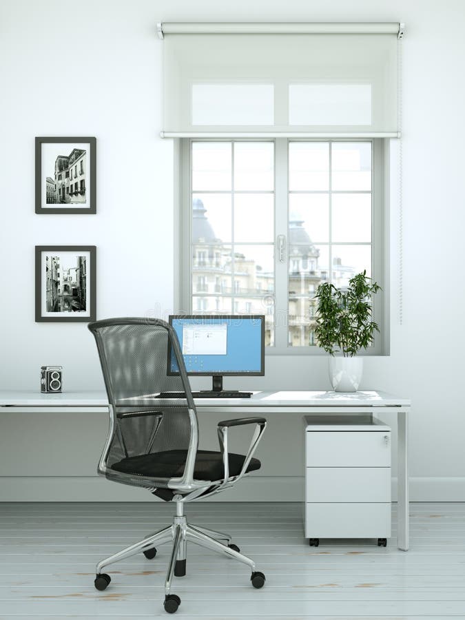 Modern White Home Office Interior Design 3d Rendering Stock ...