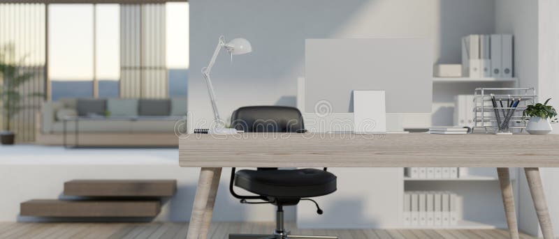 A Modern White Home Office Workspace with a Computer Desk Stock ...