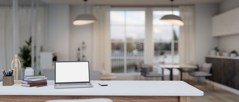 Modern White Home Office Workspace with Laptop Mockup on Table in ...