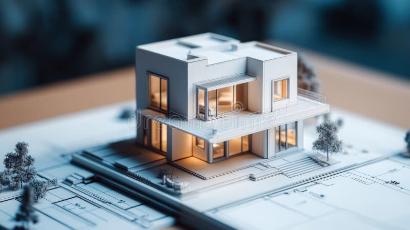 Modern White House Architectural Model with Blueprint Stock ...