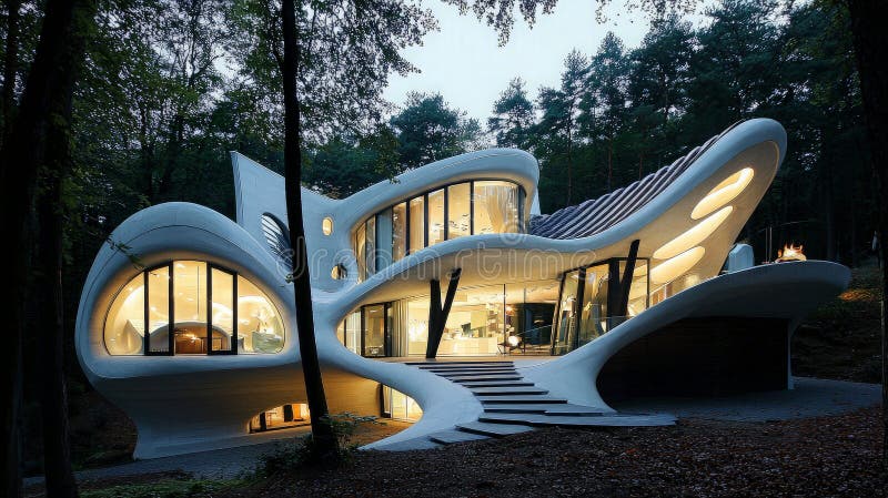 Modern White House with Curved Walls and Large Windows in a Forest ...