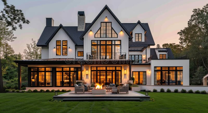Modern White House with Fire Pit and Large Windows in Evening Stock ...