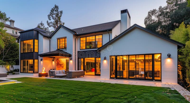 Modern White House with Fire Pit and Large Windows in Evening Stock ...