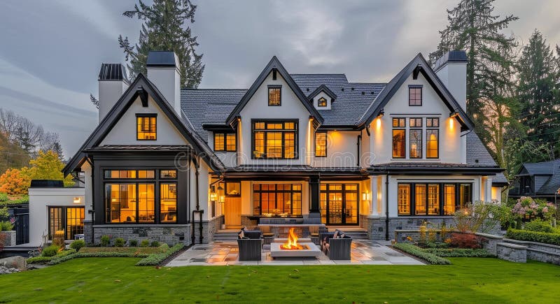 Modern White House with Fire Pit and Large Windows in Evening Stock ...