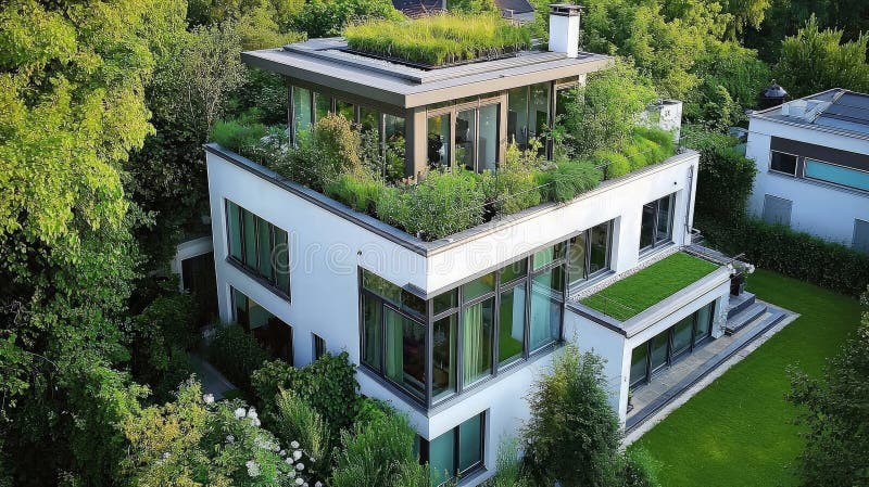 Modern White House with Green Roof, Surrounded by Lush Greenery Stock ...