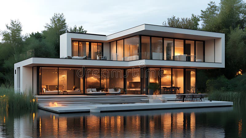 Modern White House with Large Windows, Reflecting in a Calm Lake at ...