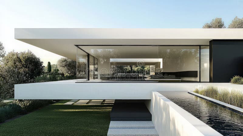 Modern White House with Large Windows and a Reflecting Pool in Front ...