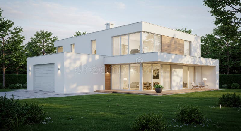 Modern White House with Minimalist Design and Glass Windows Stock ...
