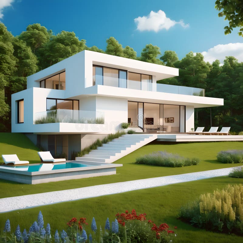 Modern White House with Pool and Garden. Stock Illustration ...