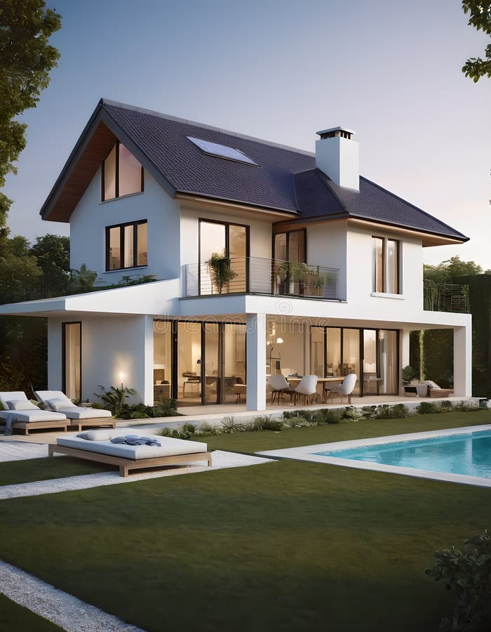 Modern White House with Pool and Patio. Stock Illustration ...