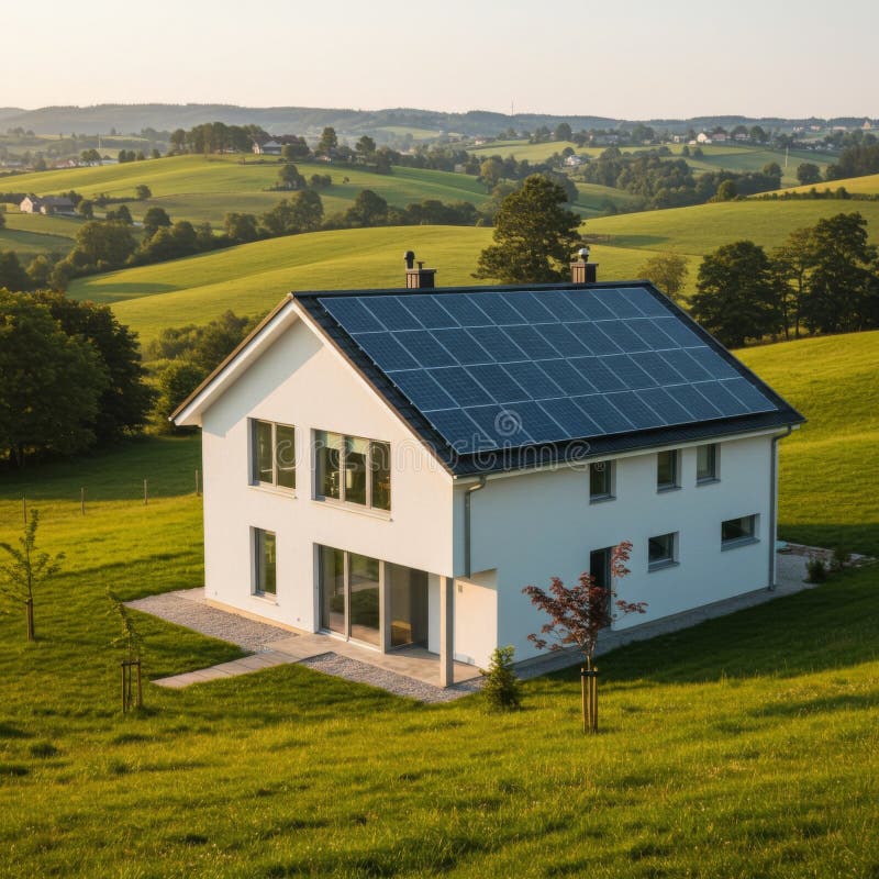 Modern White House with Solar Panels on a Green Hillside Stock ...