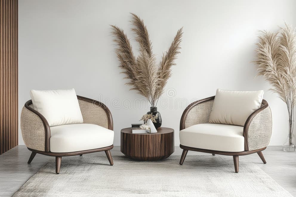 A Modern White Interior Featuring a Vacant Room with Lounge Chairs, a ...