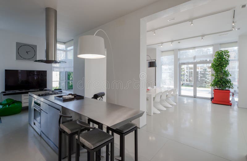 Modern White Interior of Spacious Private House. Kitchen Dinner Room ...