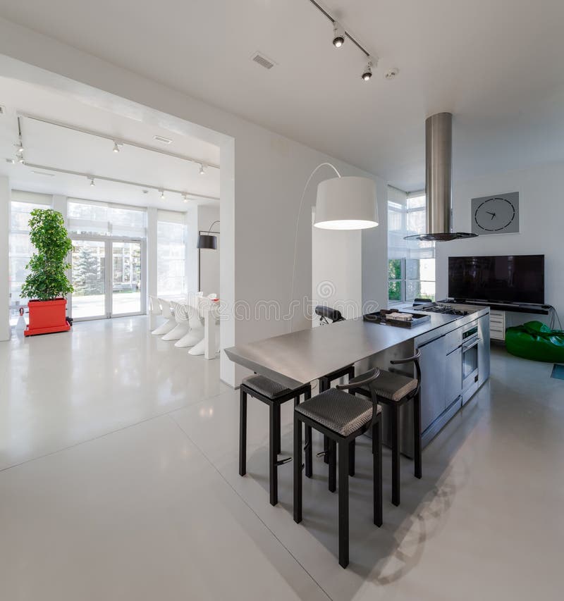 Modern White Interior of Spacious Private House. Kitchen Dinner Room ...