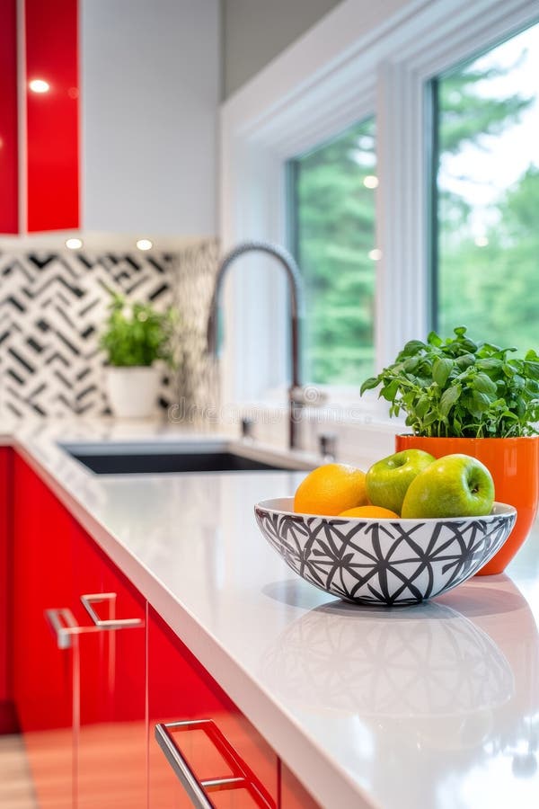 Modern White Kitchen with Bright Colored Cabinets, a Bowl Fruit Sitting ...