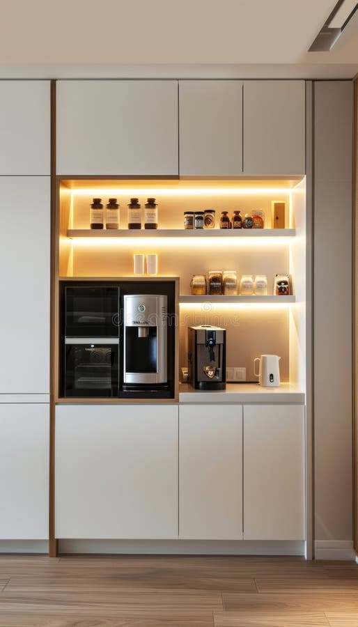 Modern White Kitchen Cabinets with Integrated Coffee Machine for ...