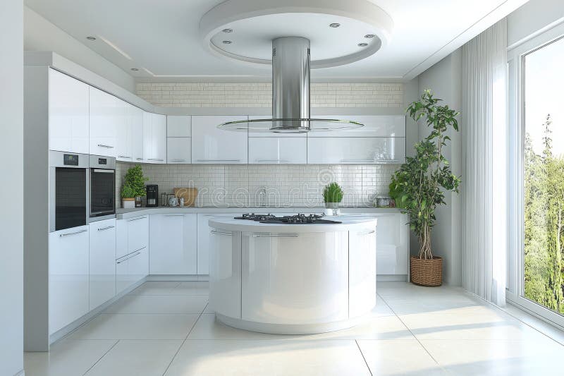 Modern White Kitchen with a Circular Island and Large Window, Combining ...
