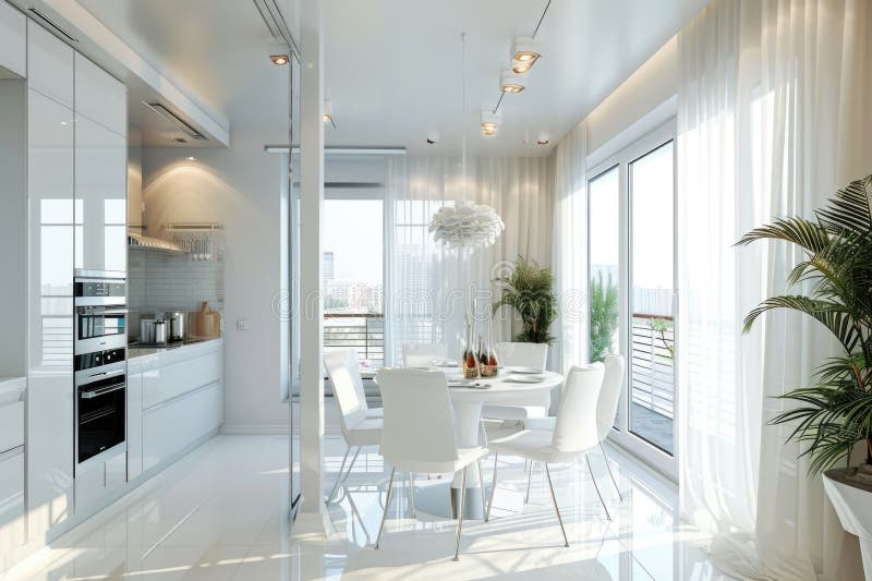 Modern White Kitchen with City View Stock Illustration - Illustration ...