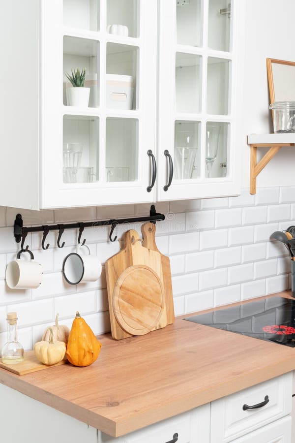 Modern Kitchen Counter Interior with Cups and Cutting Boards Stock ...