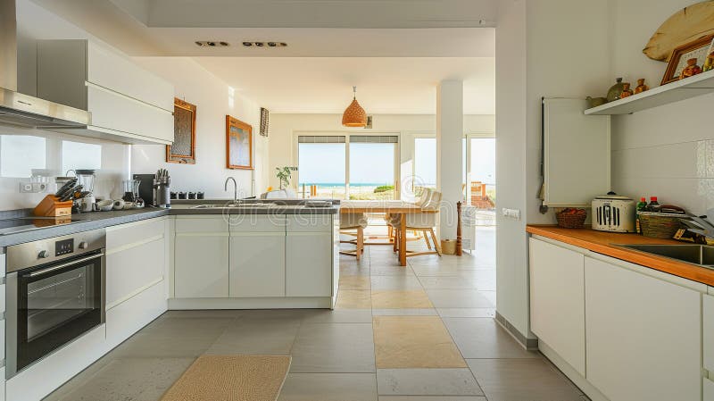 Modern White Kitchen with Dining Area and Large Windows Overlooking ...
