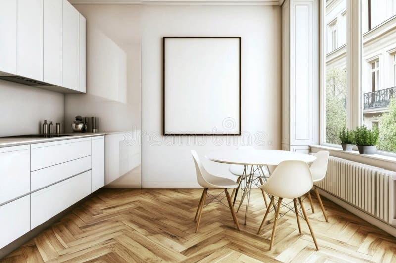 Modern White Kitchen with Dining Table and Vertical Frame Mockup Stock ...