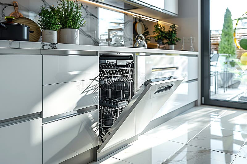 Modern White Kitchen Featuring an Open Dishwasher with Sleek Design and ...