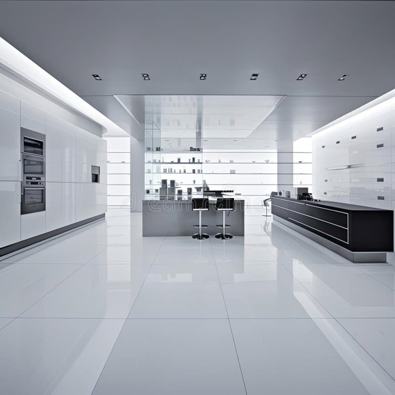 Modern White Kitchen with Glass Wall and White Tile Floor Stock ...