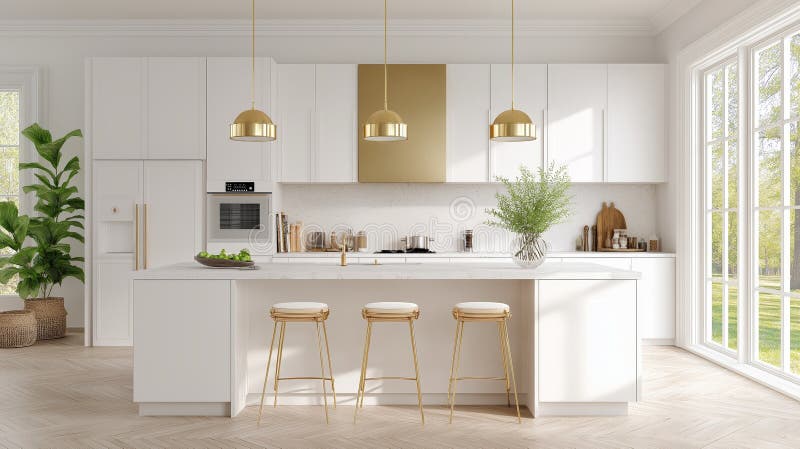 Modern White Kitchen with Gold Accents and Large Windows Stock Photo ...