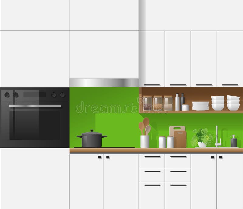 Modern White Kitchen with Green Background Stock Vector - Illustration ...
