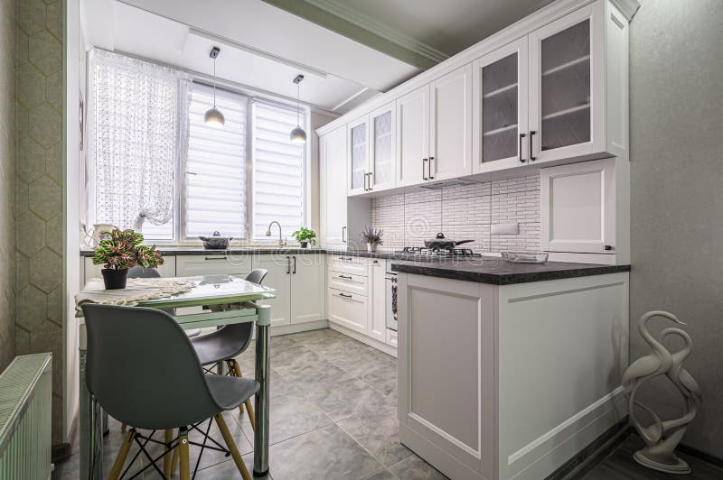Modern White Kitchen Interior, Front View Stock Image - Image of ...