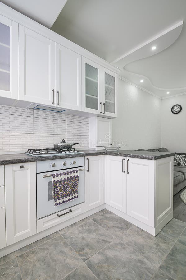Modern White Kitchen Interior, Front View Stock Photo - Image of detail ...