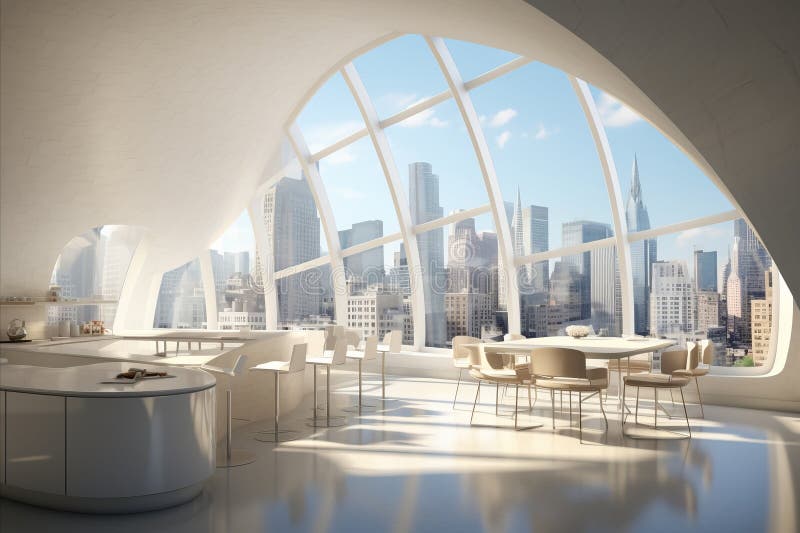 Modern White Kitchen Interior in Skyscraper with Spacious Window and ...