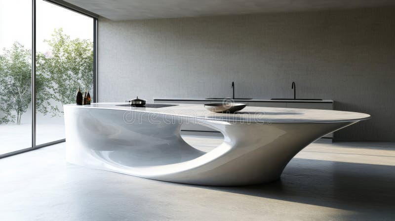 Modern White Kitchen Island with Organic Curves Stock Illustration ...