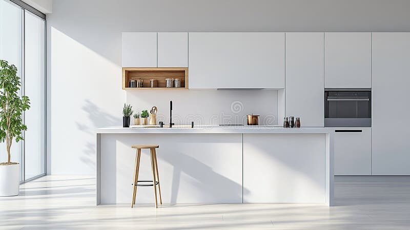 Modern White Kitchen with Island, Sunlight, and Minimalist Design Stock ...