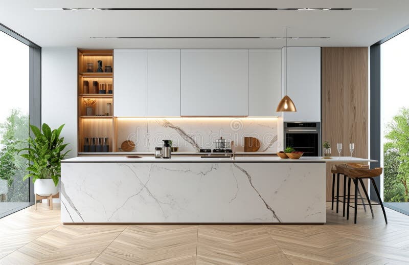 Modern, White Kitchen with White Marble Walls Stock Photo - Image of ...