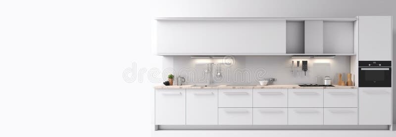 Modern White Kitchen, Minimalist Interior Design on White Background ...