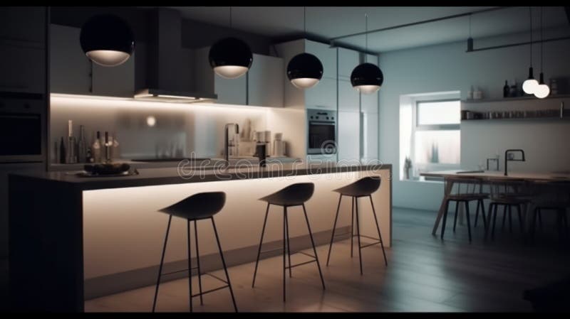 Modern White Kitchen in a Minimalist Loft Style with a Large Breakfast ...